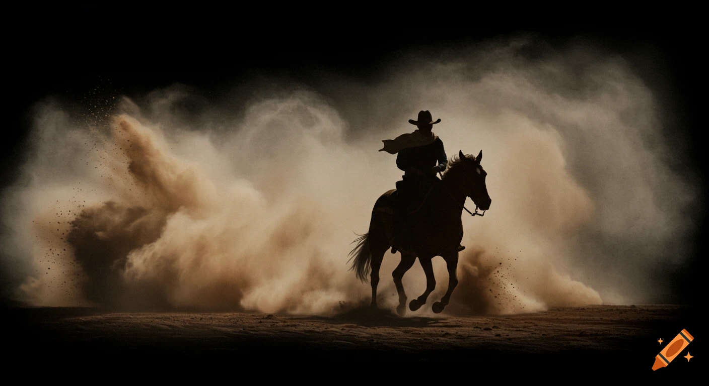 Silhouette of a cowboy riding a horse through a dust storm on Craiyon