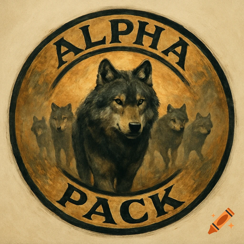 Circular logo with a wolf and the text ALPHA PACK. on Craiyon