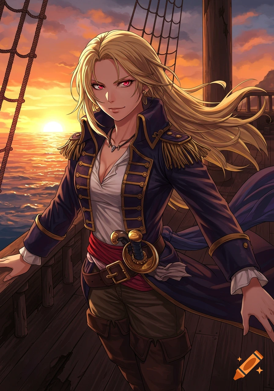 Anime style drawing of a female pirate captain with blonde hair on a ...