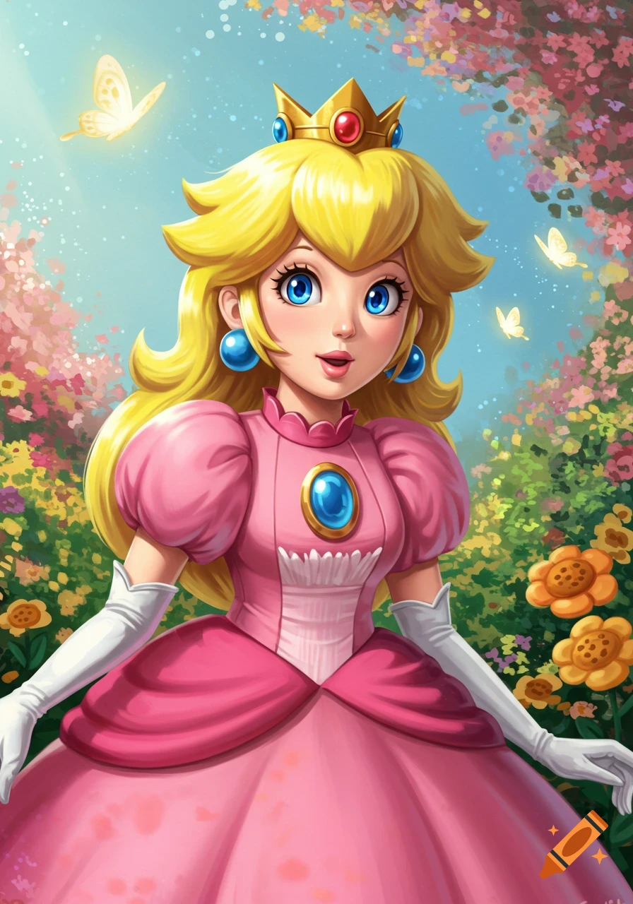 Illustration of Princess Peach in a garden with butterflies. on Craiyon