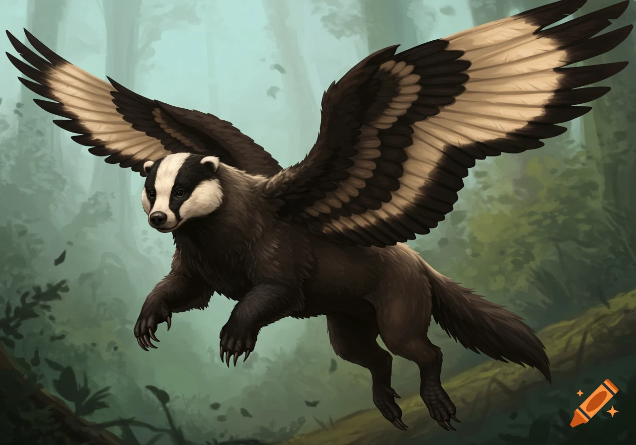 An illustration of a badger with large wings flying through a forest ...