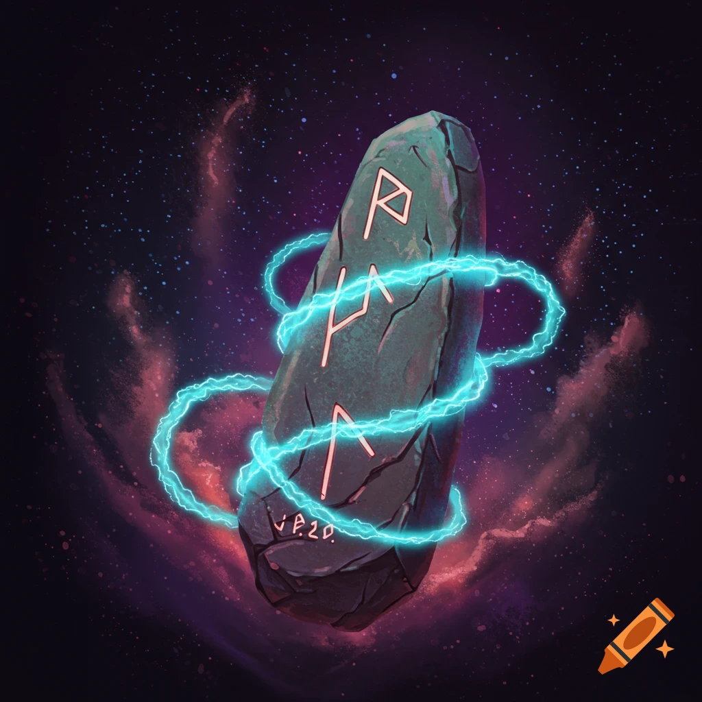 A weathered rune stone glows with energy and runes against a cosmic ...