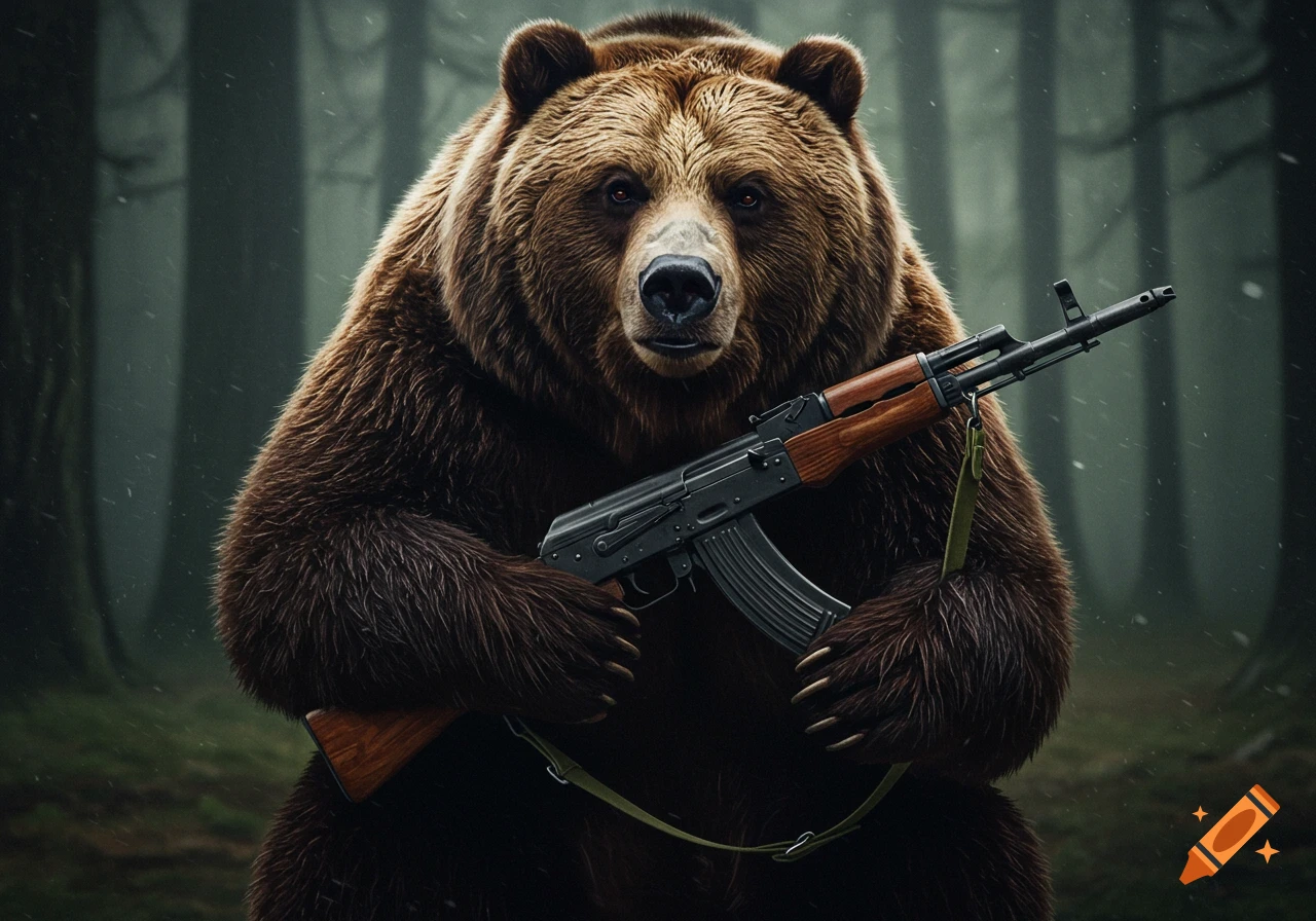 Photorealistic image of a bear holding an AK-47 rifle in a misty forest. on Craiyon