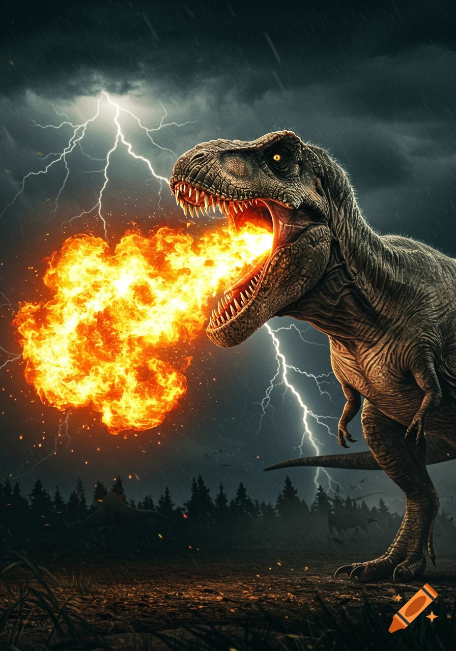 A Tyrannosaurus Rex spits fire during a stormy night with lightning. on ...