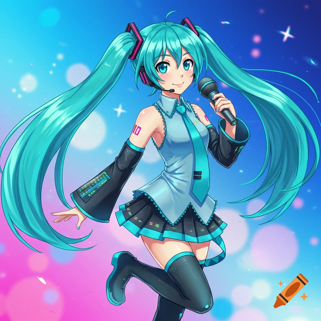 Anime girl Hatsune Miku singing on a stage with long teal pigtails and ...