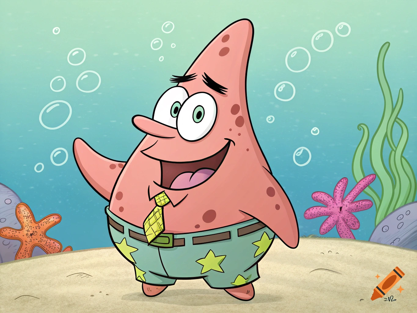 Patrick Star smiling and wearing a tie and shorts on the seabed underwater in a cartoon style on ...