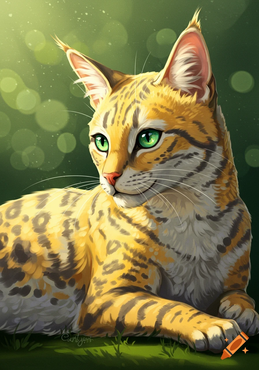 Digital illustration of a yellow and gray dappled cat with green eyes ...