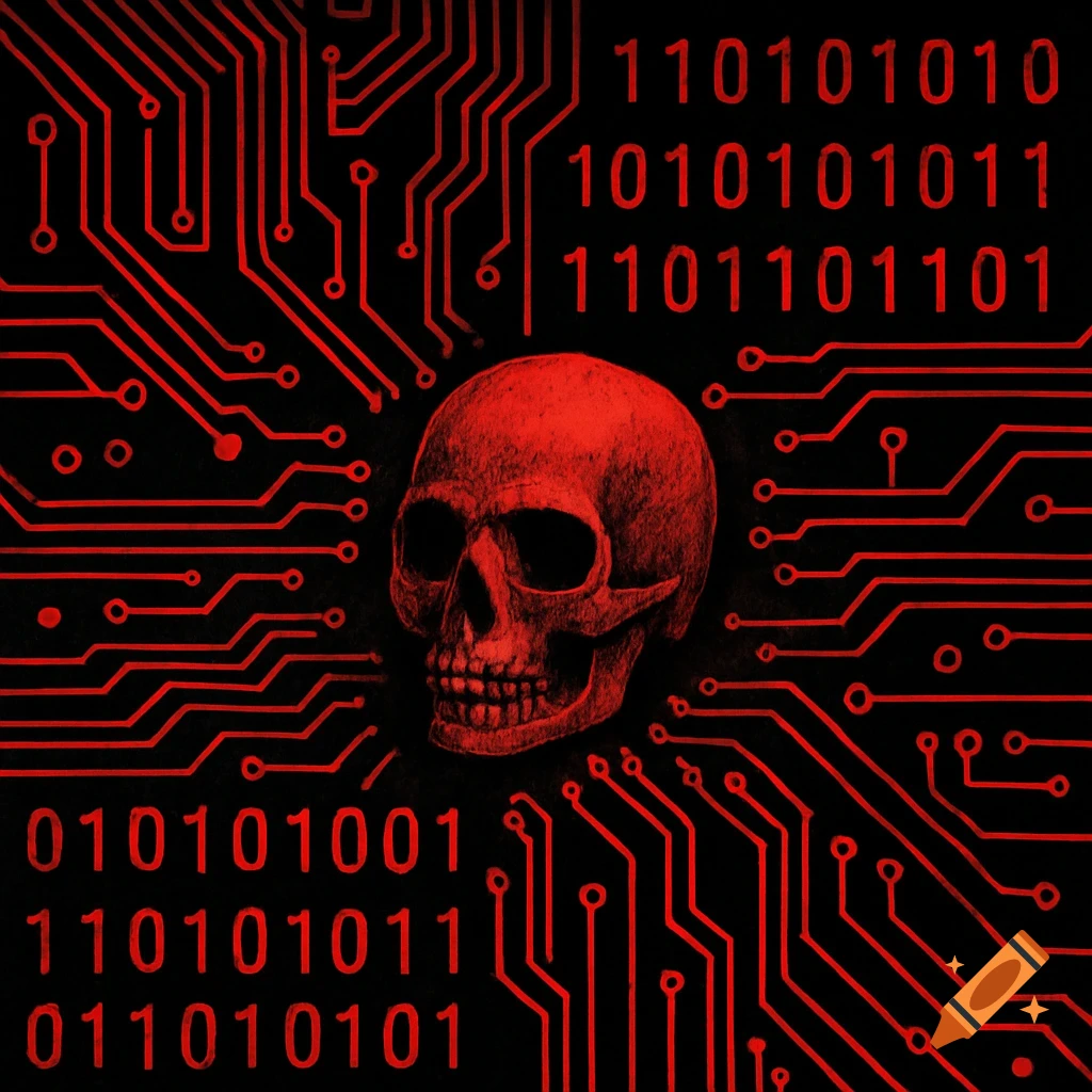 Red skull over black computer circuitry with red binary code. on Craiyon