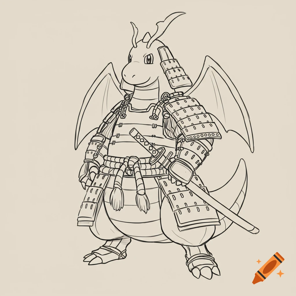 Line drawing of a Dragonite in samurai armor holding a katana. on Craiyon