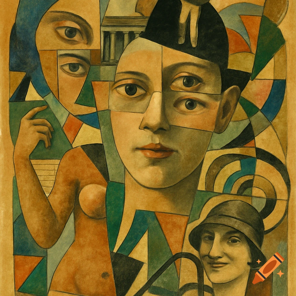 Cubist collage portrait of fragmented faces and figures in warm tones ...