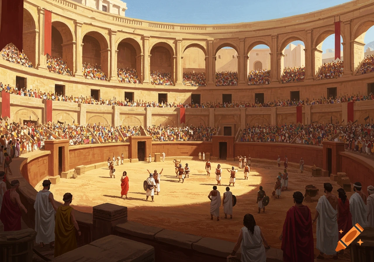 Painting of a crowded ancient Roman-style arena with people watching ...