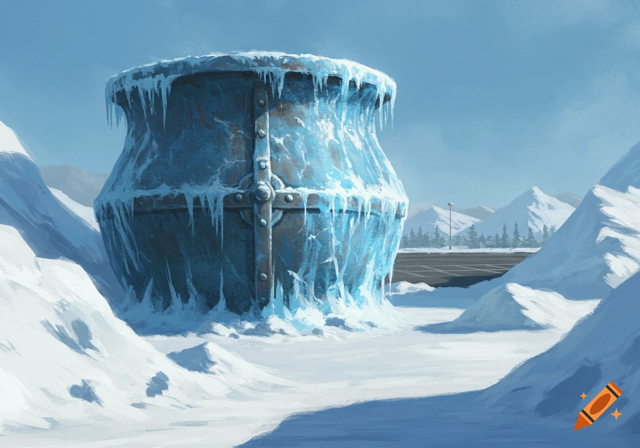 A large, ice-covered cauldron sits in a snowy valley with a parking lot ...