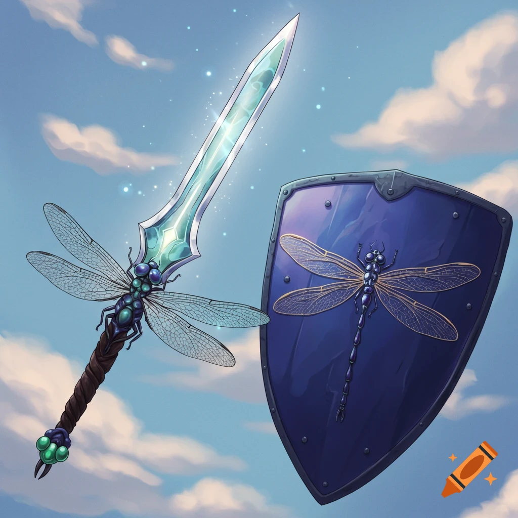 A fantasy sword and shield decorated with dragonflies float in a cloudy ...