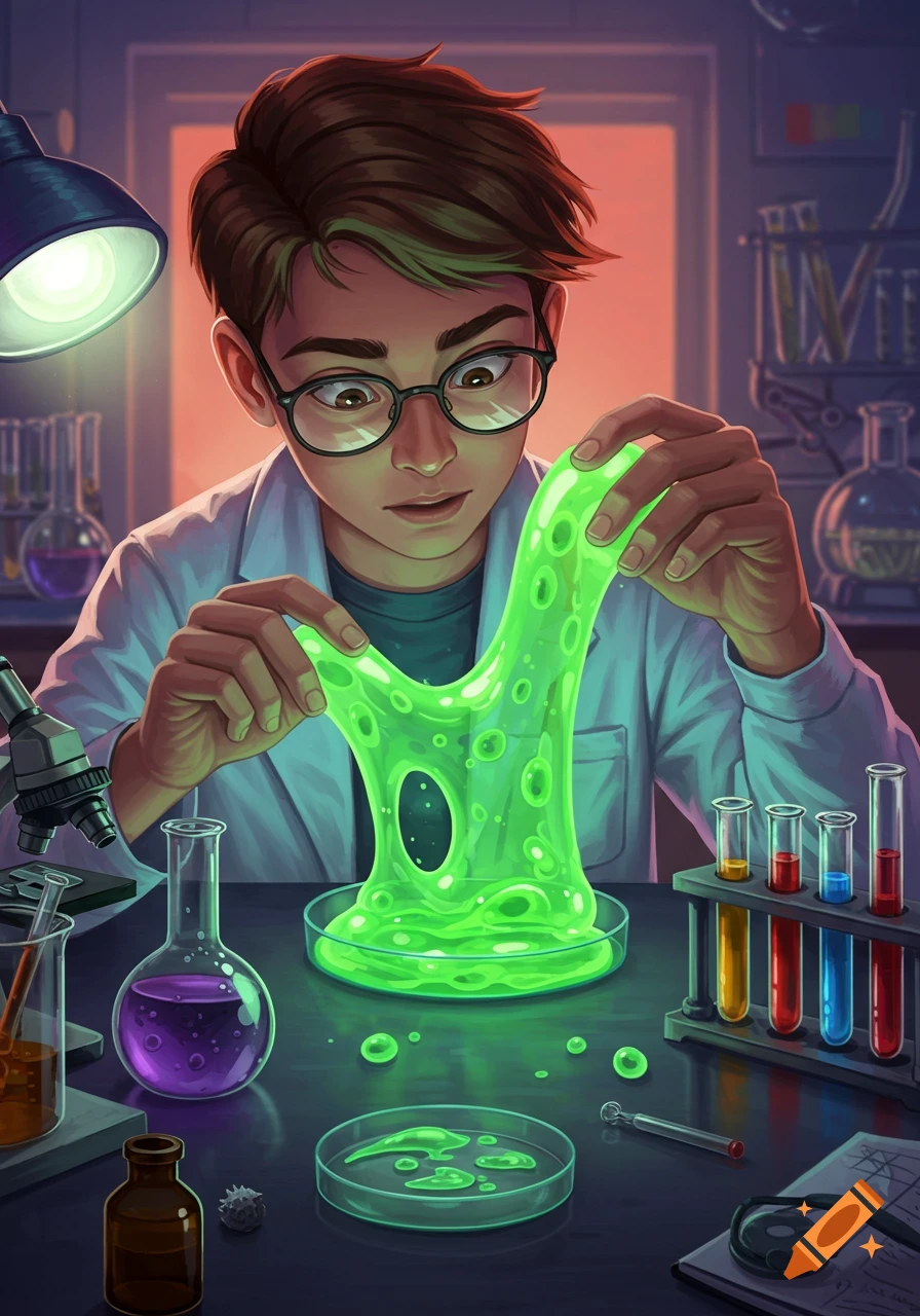A young scientist examines glowing green slime in a laboratory. on Craiyon
