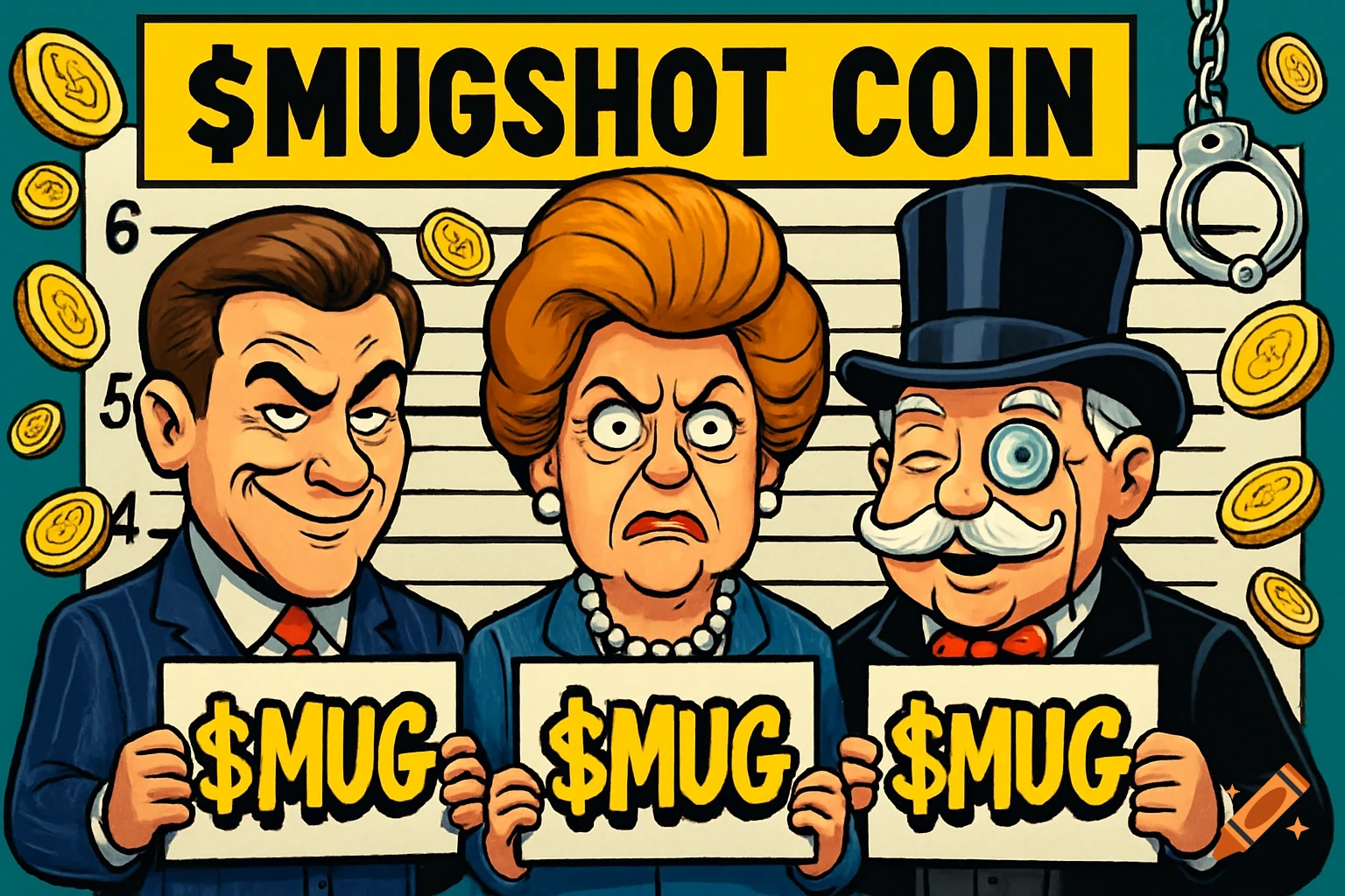 Cartoon of three figures in a mugshot lineup holding $MUG signs, with ...