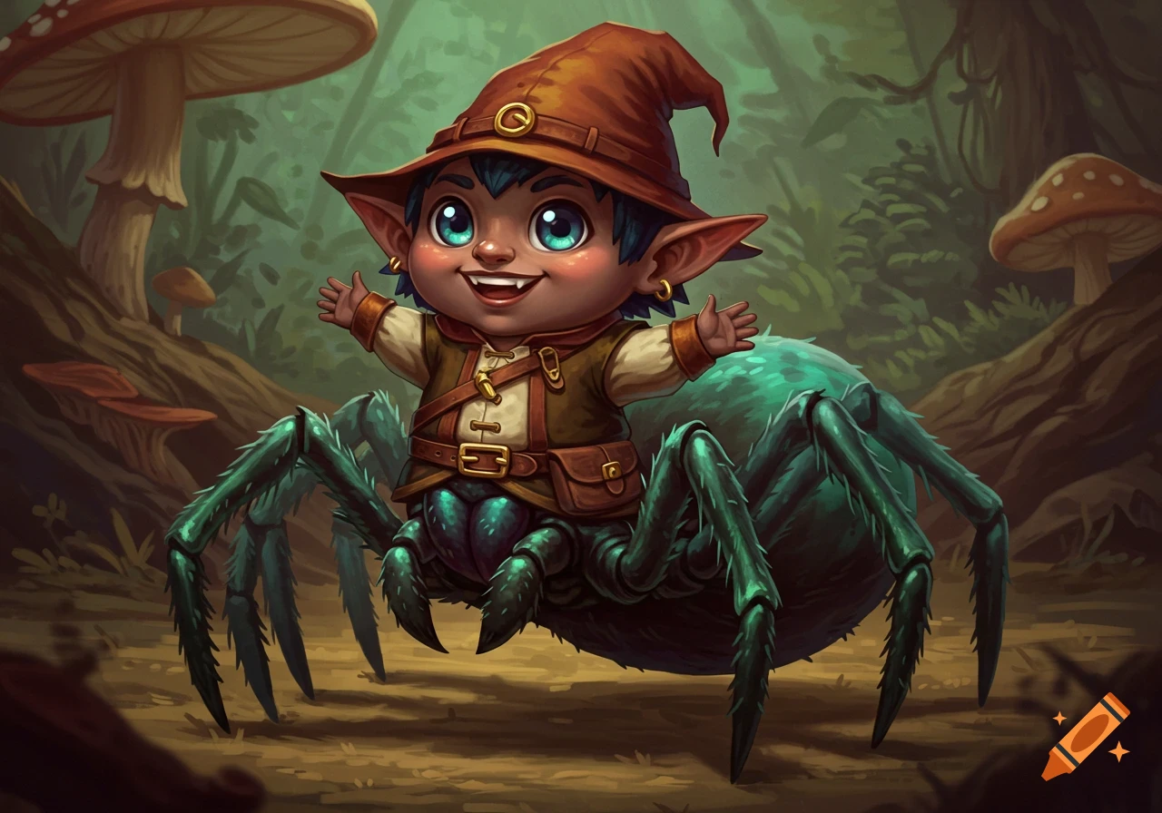 Friendly deep gnome drider creature riding a spider in a forest with mushrooms. on Craiyon