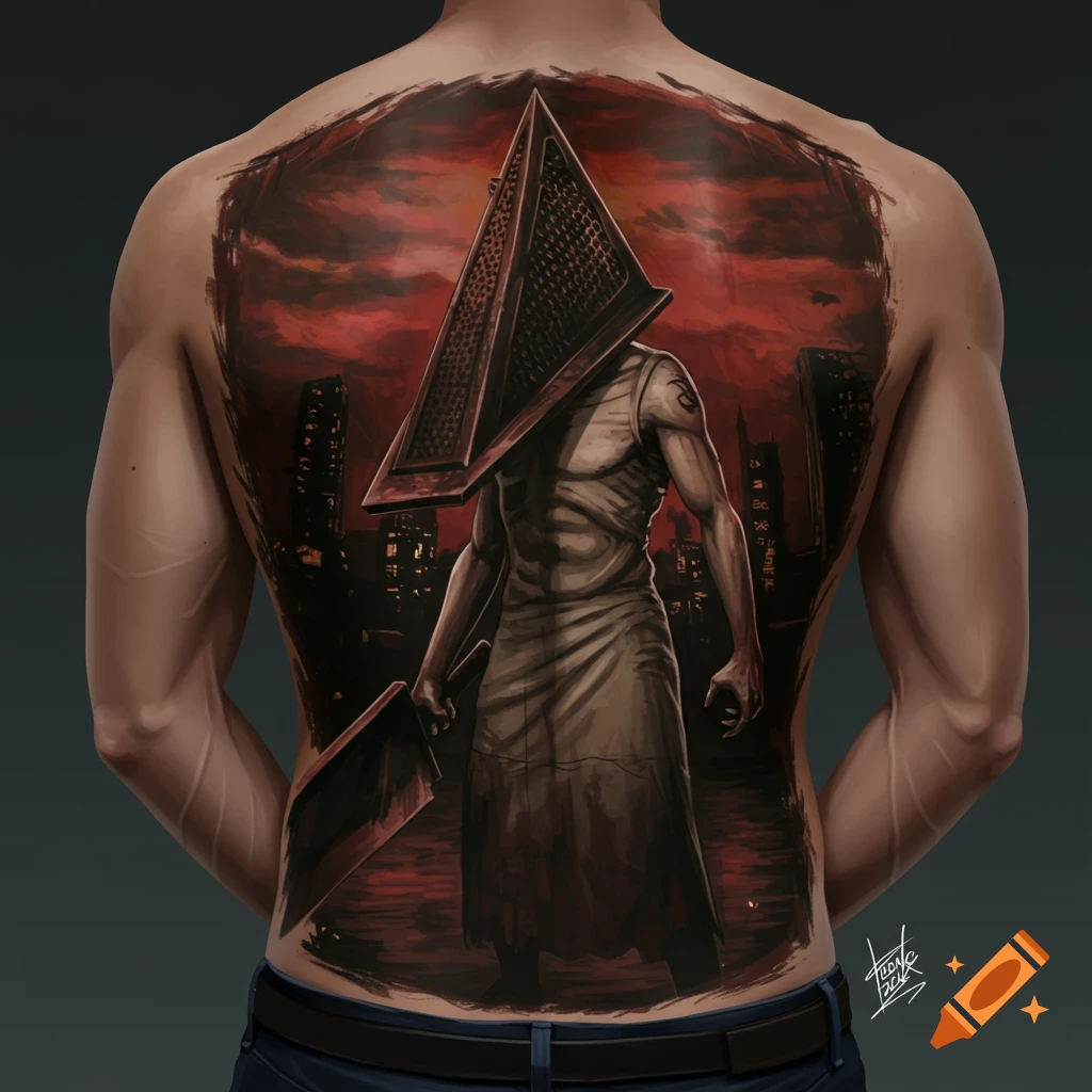 Realistic back tattoo of Pyramid Head from Silent Hill against a red ...