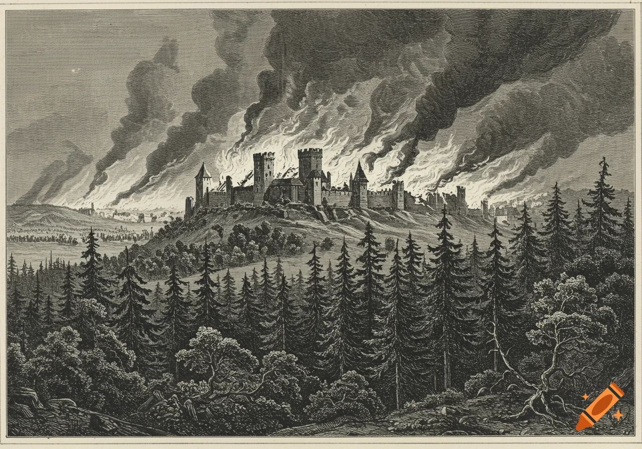 Black and white illustration of a medieval castle on a hill engulfed in ...