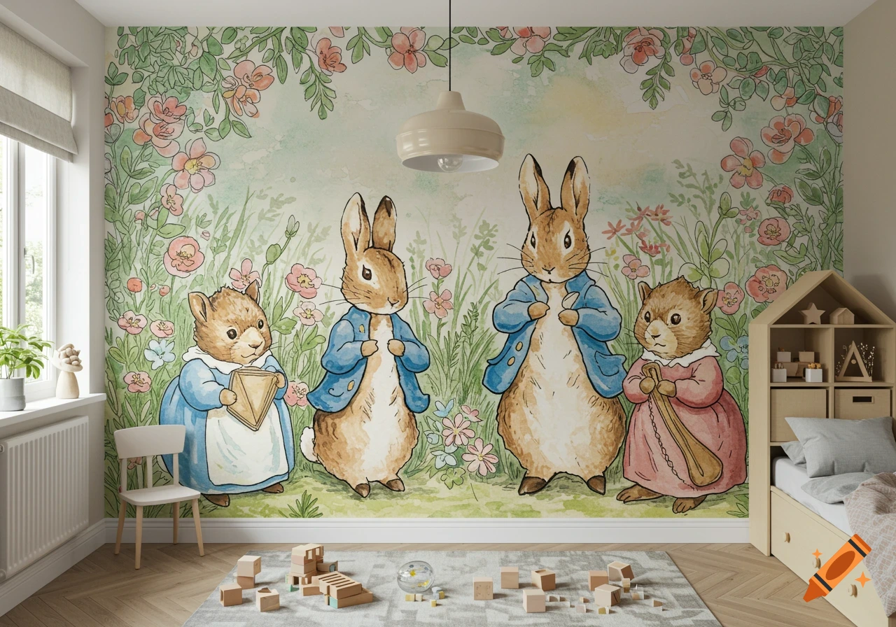 Watercolor Beatrix Potter style mural of rabbits and friends in a child ...