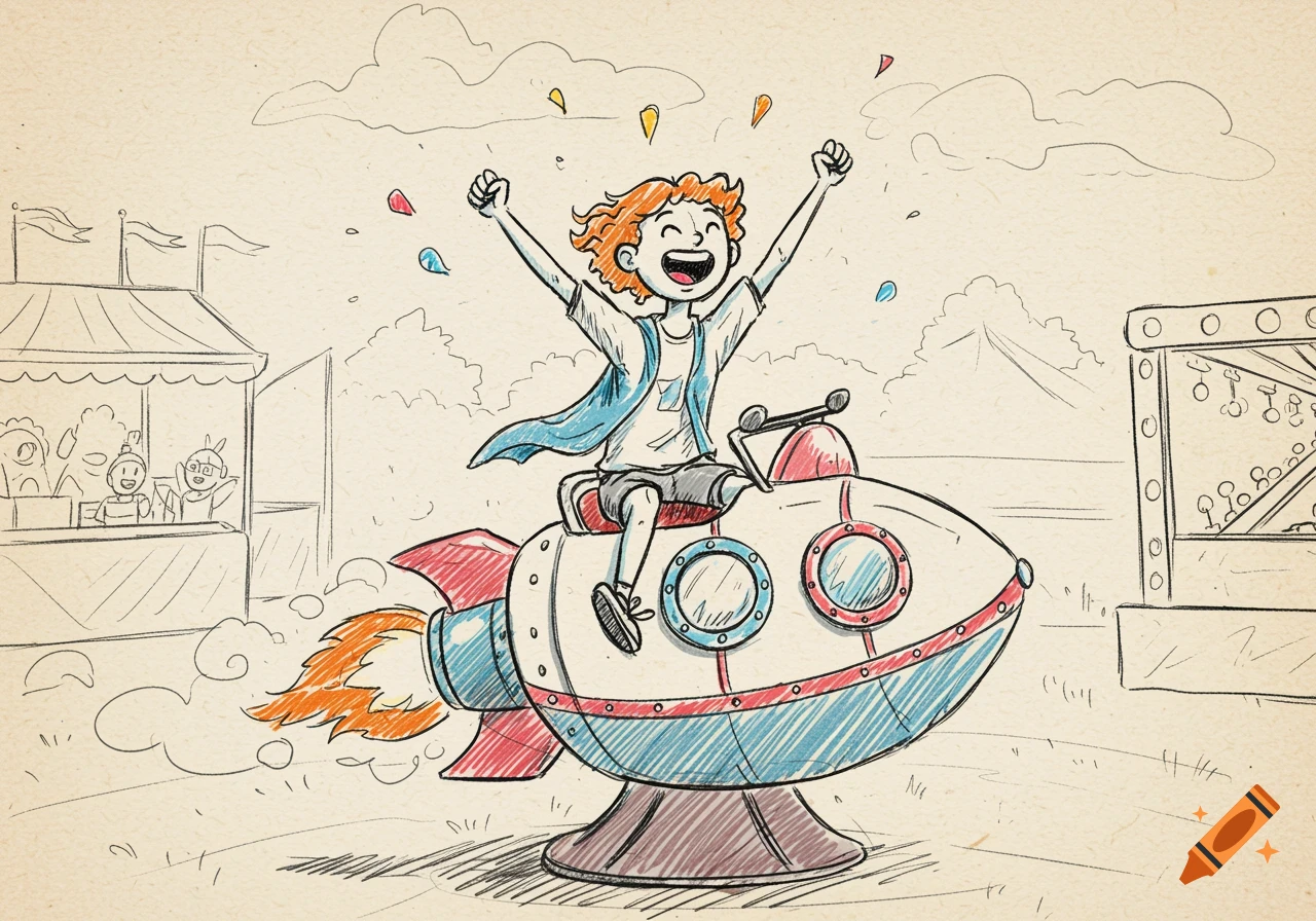 Sketch of a child on a rocket ride at a fair on Craiyon
