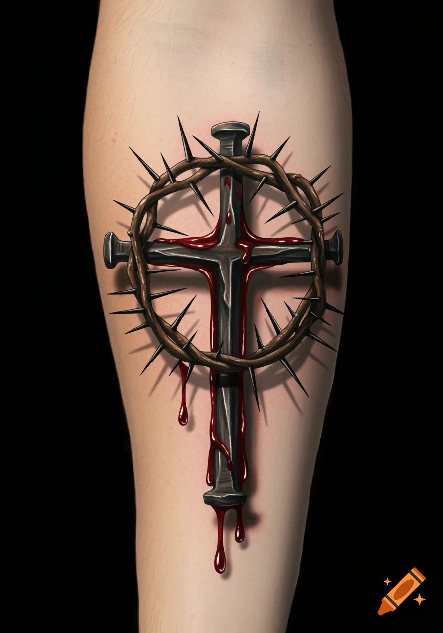 Realistic tattoo illustration of a cross made of nails with a crown of ...