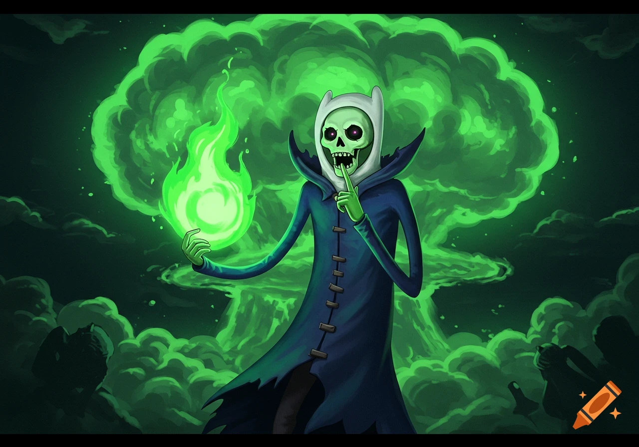 Cartoon drawing of The Lich holding a green flame and shushing, with a ...