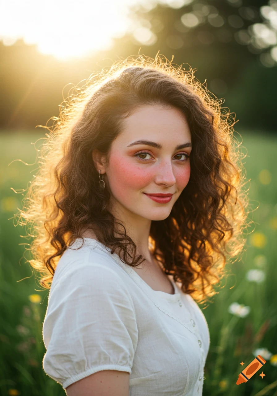 Portrait of a woman with curly hair and rosy cheeks in a sunny field on ...