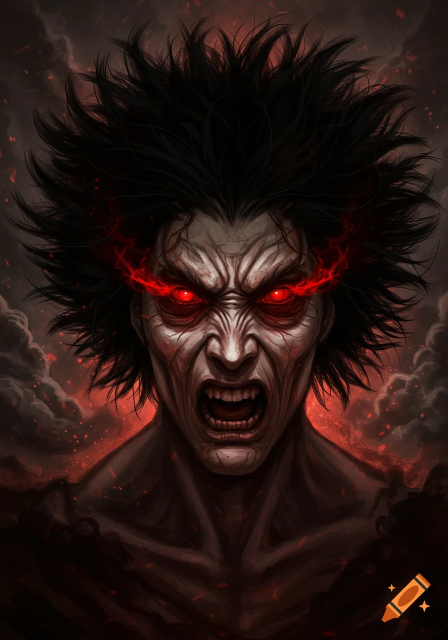 Close-up dark fantasy portrait of a raging figure with red glowing eyes and spiky black hair. on ...