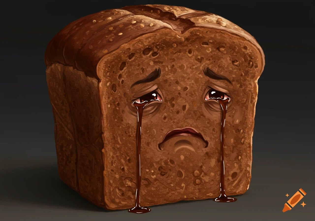 Illustration of a loaf of rye bread with a sad face crying. on Craiyon