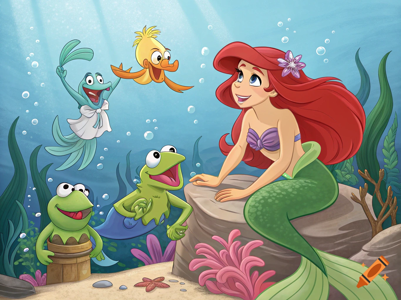 Ariel from The Little Mermaid with Muppets characters underwater in a ...