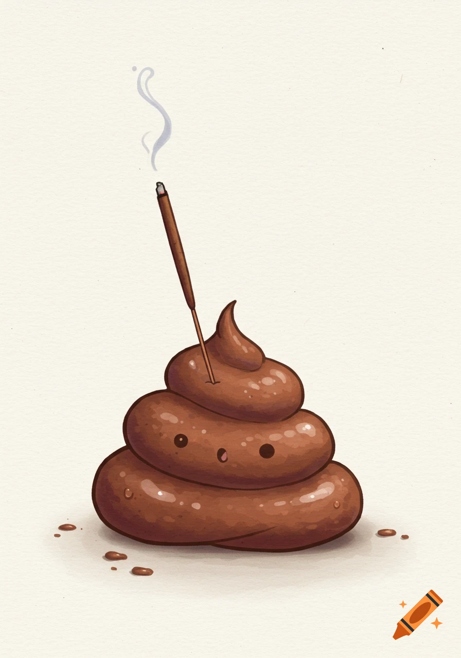 A cute, smiling pile of brown poop with an incense stick burning in it ...