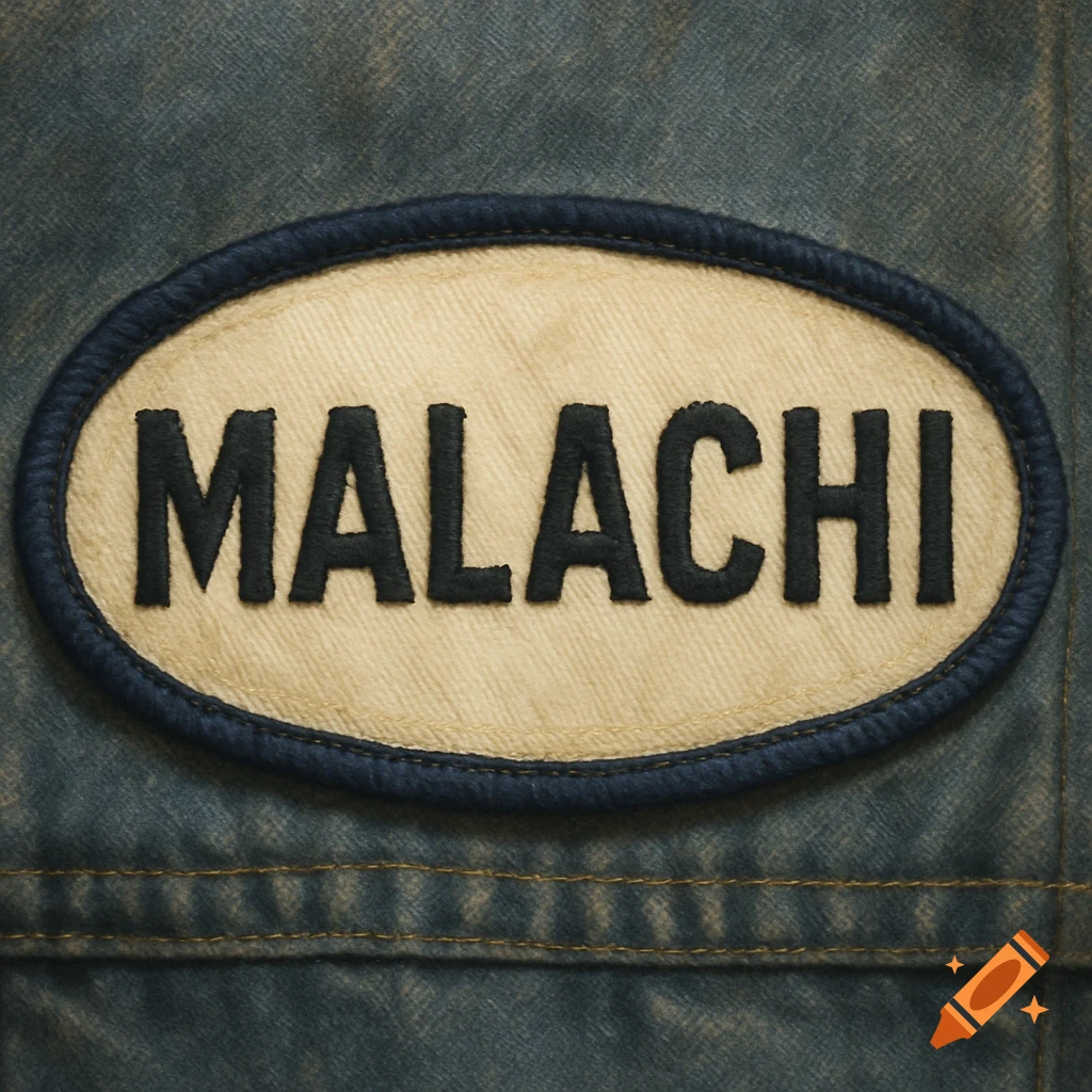 Oval name patch reading MALACHI on blue fabric with stitching detail on ...