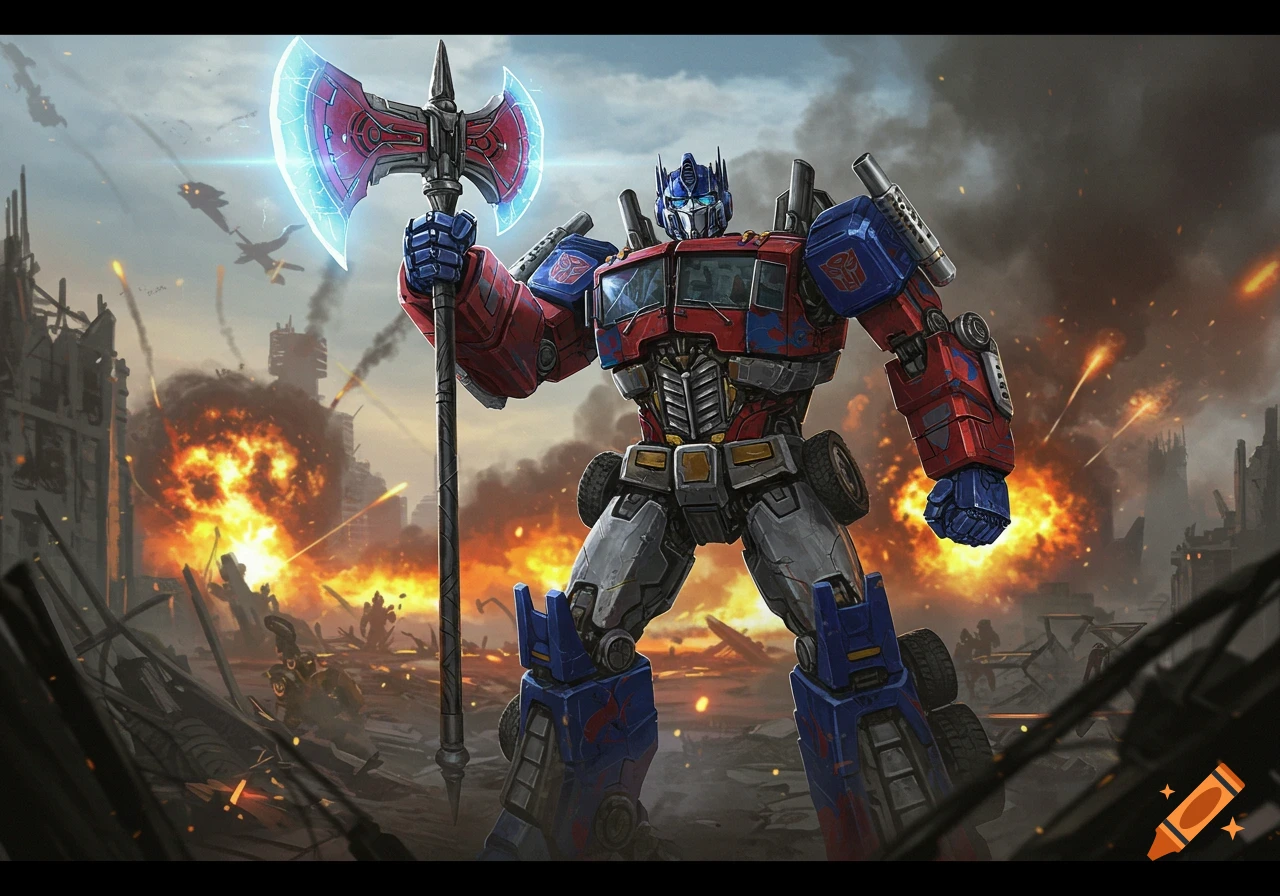 Optimus Prime stands with his energy axe in a destroyed city with ...