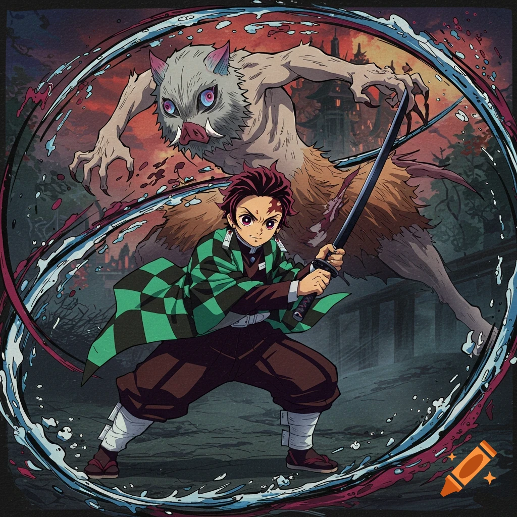 Anime art of Tanjiro fighting with his sword as Inosuke attacks behind ...