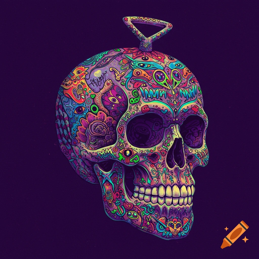 A vibrant, colorful psychedelic skull covered in intricate patterns and designs. on Craiyon