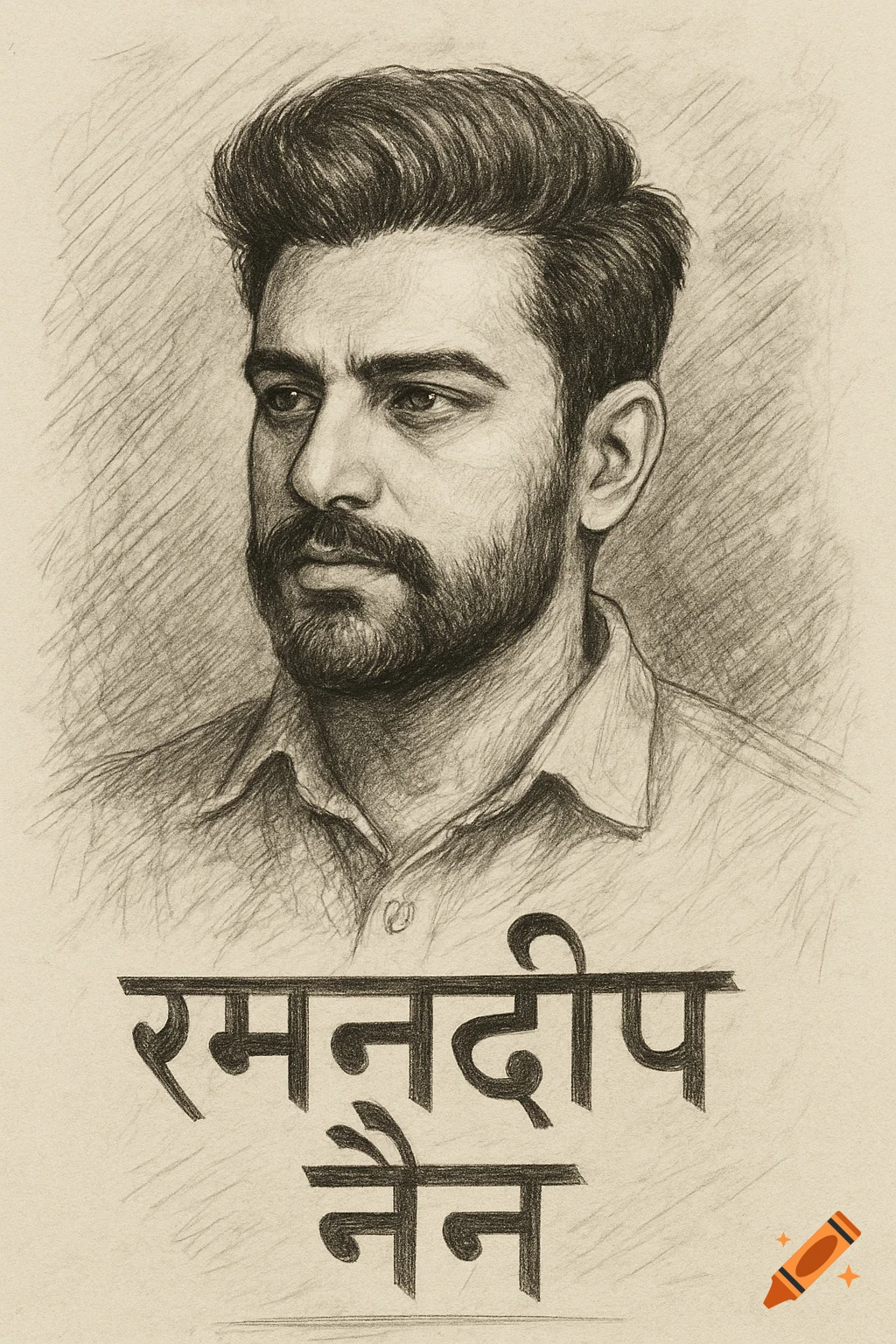 Pencil sketch portrait of a man with his name written below. on Craiyon