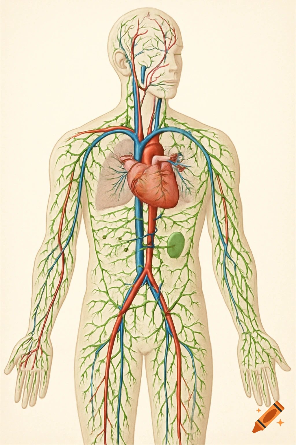 Medical illustration of human circulatory and lymphatic systems on Craiyon
