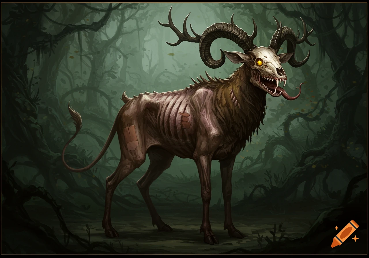 An emaciated, skeletal deer creature with ram horns and a snake tongue ...