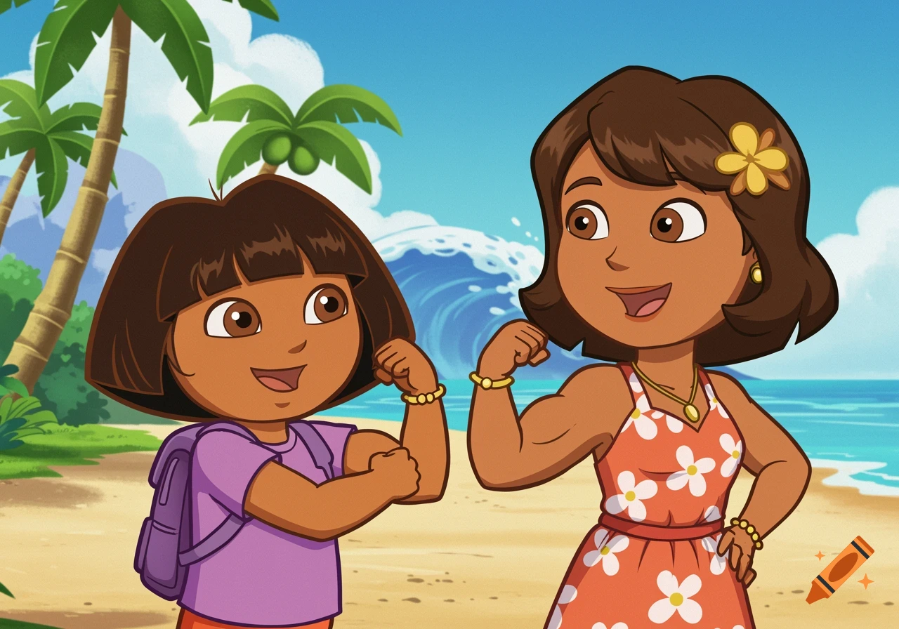Dora the Explorer and her mom flexing their muscles on a beach on Craiyon