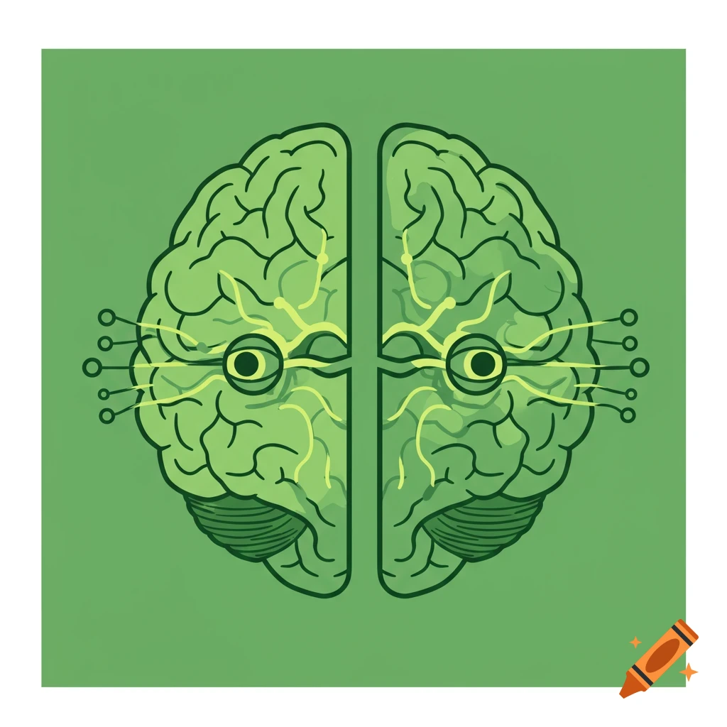 Illustration of a brain with symmetrical eyes and neural connections in ...