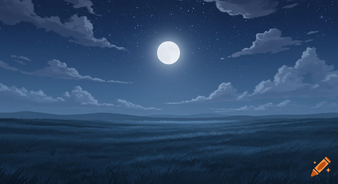 A full moon hangs in a starry night sky over a grassy plain. on Craiyon
