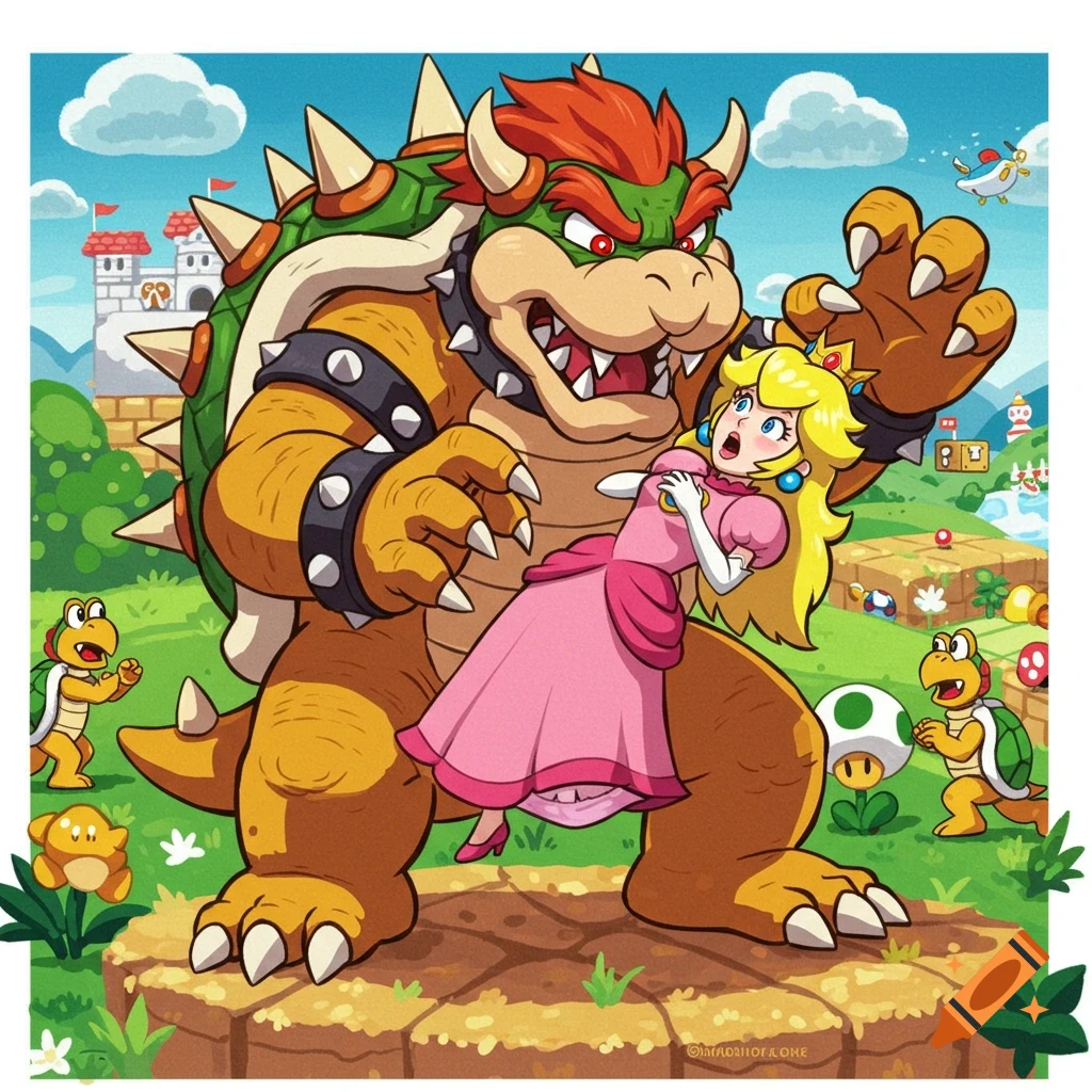 Bowser holding Princess Peach in a cartoon-style Super Mario landscape ...