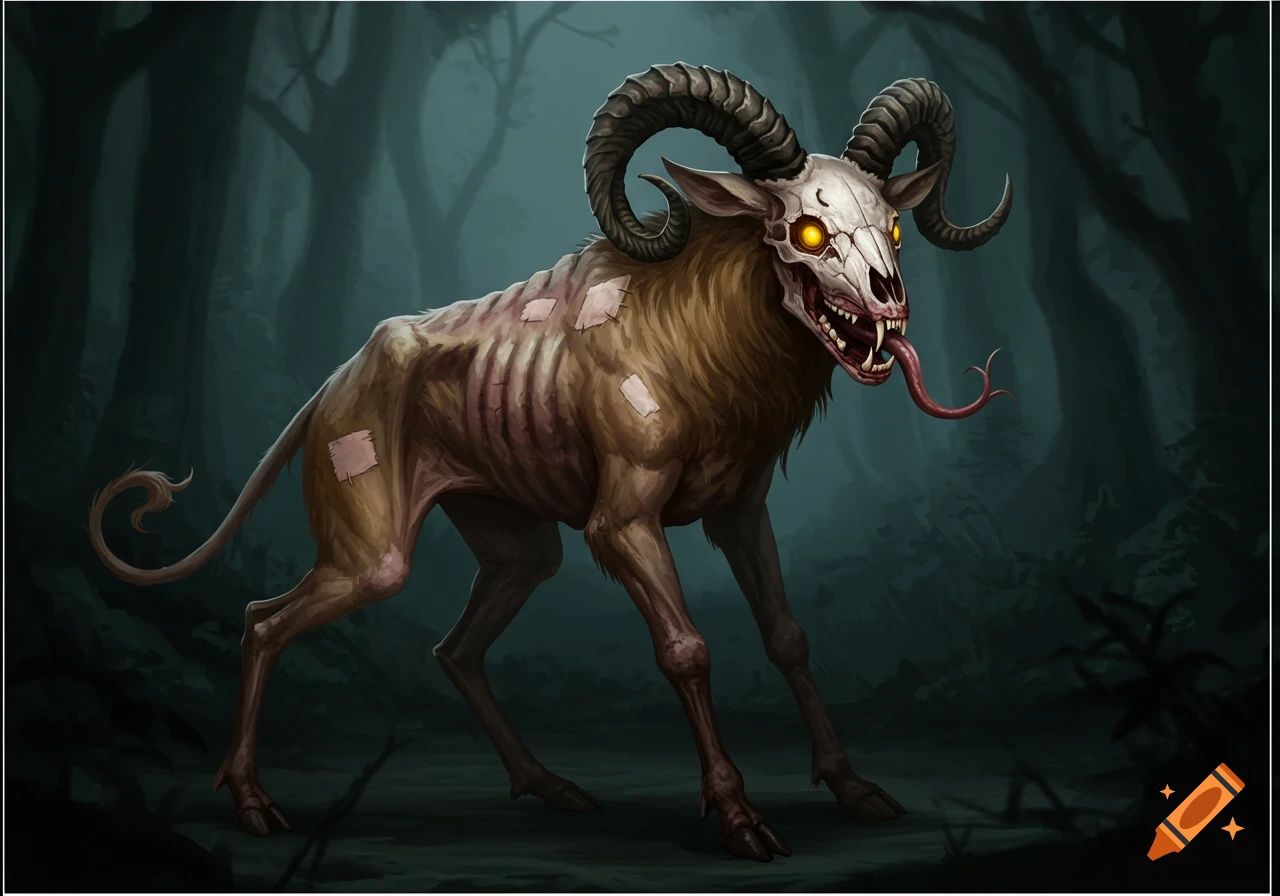 An emaciated skeletal creature with ram horns, yellow eyes, and a long ...