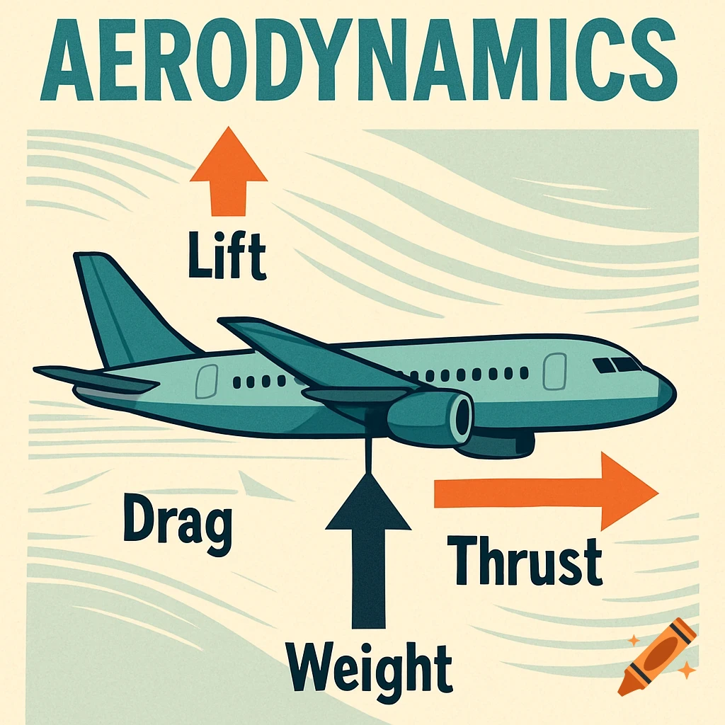 Diagram showing the forces of aerodynamics on an airplane: Lift, Drag ...