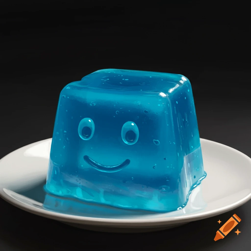 A square blue jello with a smiling face sits on a white plate. on Craiyon
