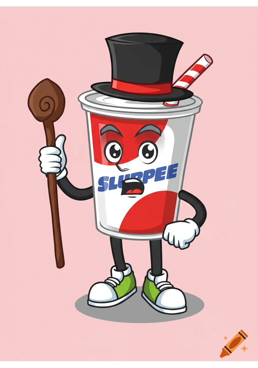 Cartoon Slurpee cup character in a top hat holding a staff on Craiyon