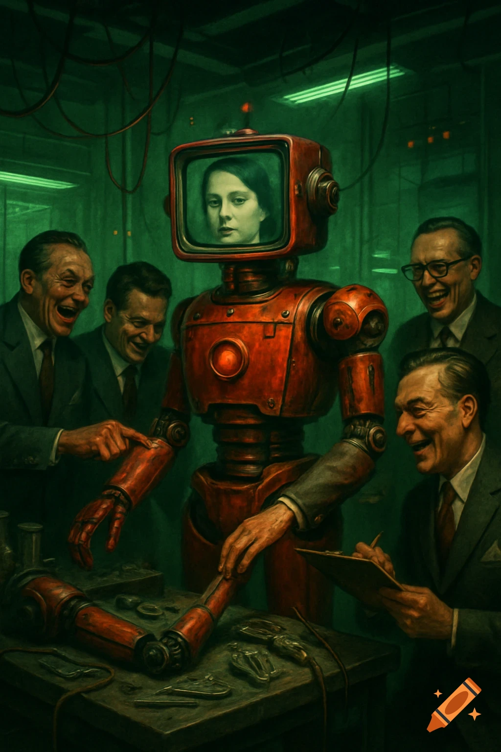 Retro robot with TV head being examined by men in a lab, retro ...