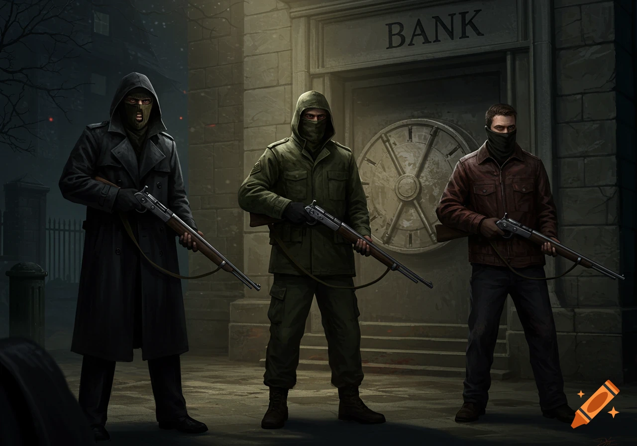 Illustration of three masked robbers holding rifles outside a bank at ...