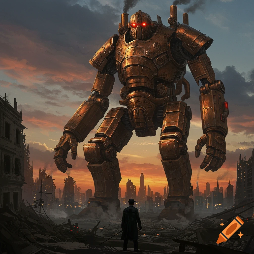 Giant bronze robot stands over a small figure in a ruined city at ...