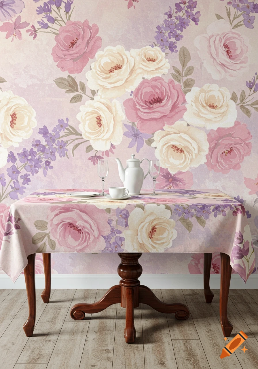 A table covered with a floral tablecloth, set with a teapot, cup, and ...